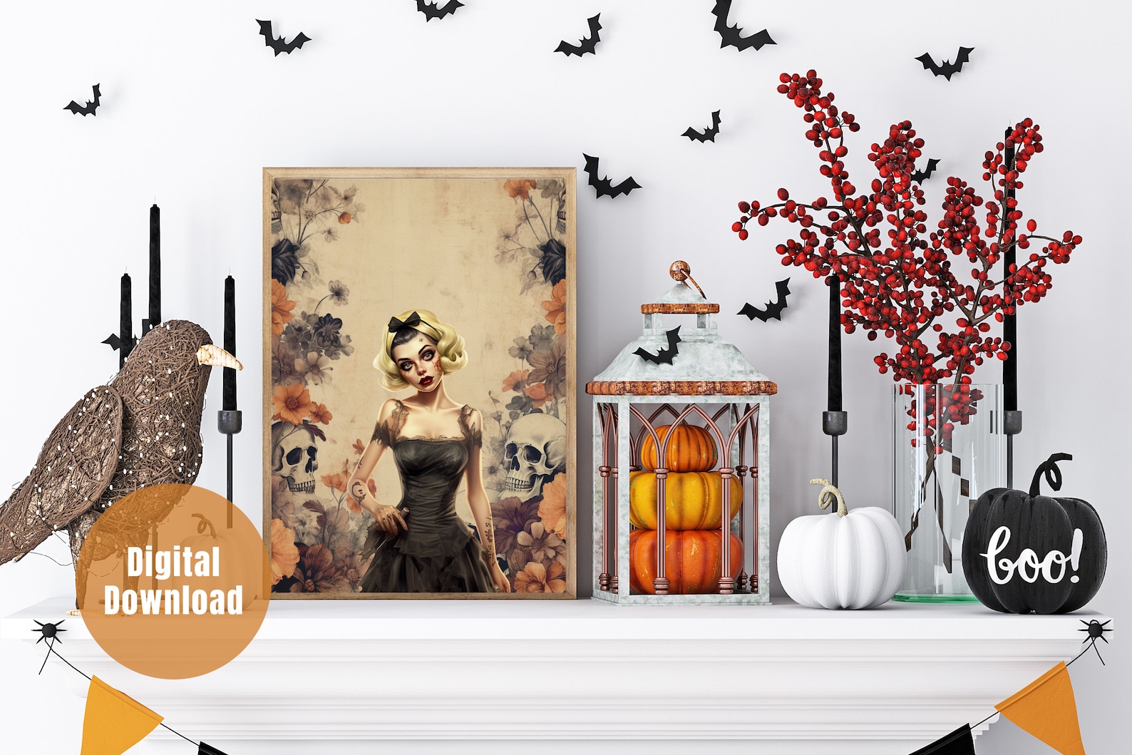 Vintage Pin up Halloween Skull Gothic Poster Perfect Gift for Halloween ...