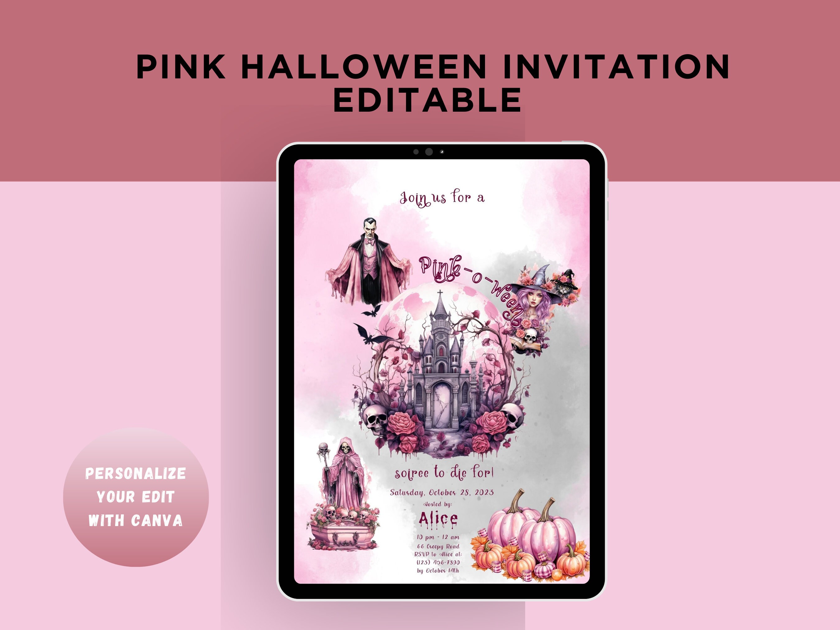Editable Pink Halloween Invitation | Pink-o-ween Party Invitation E ...