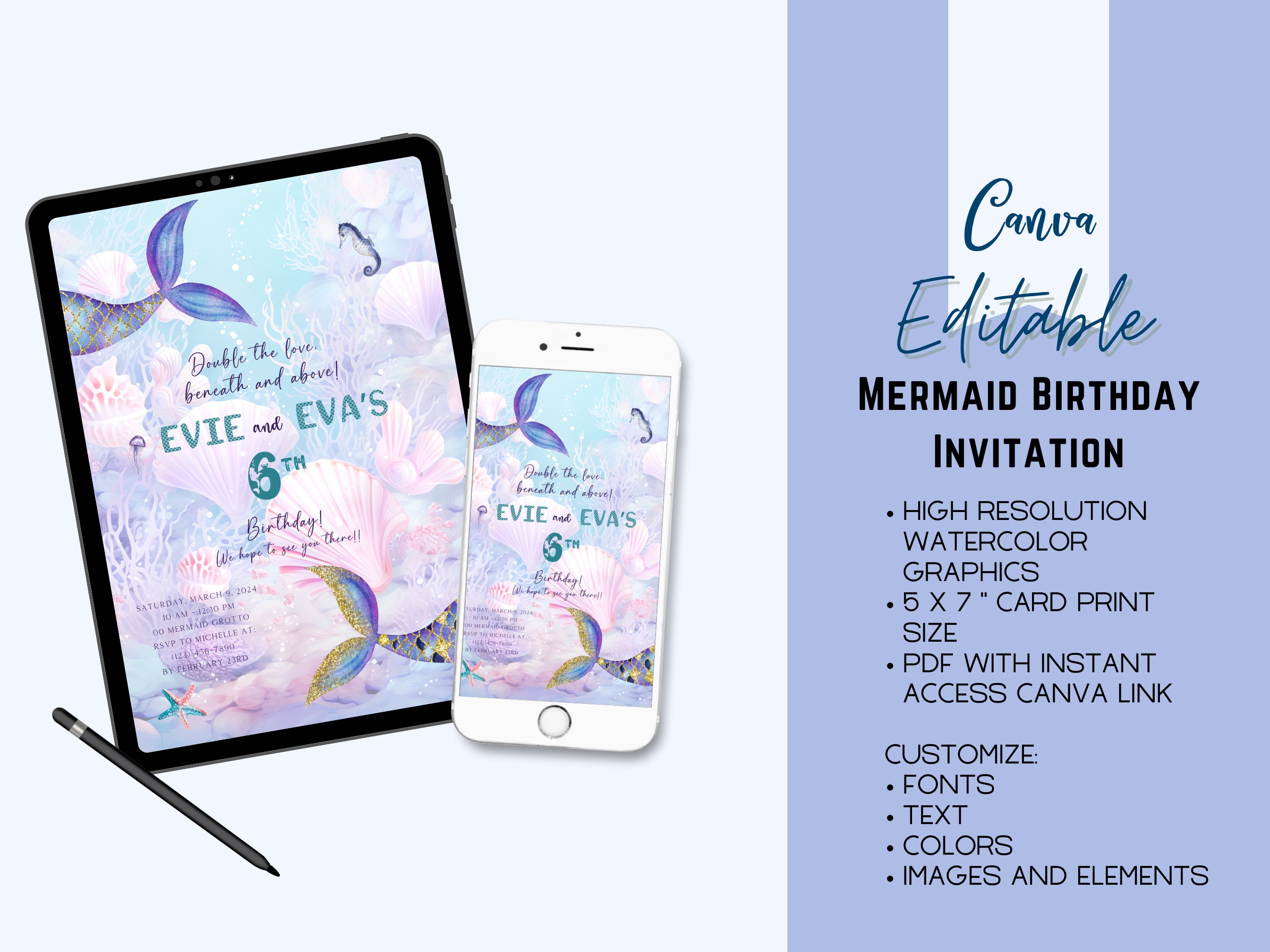 Editable Twin Mermaids Birthday Invitation | Editable Canva Template ...
