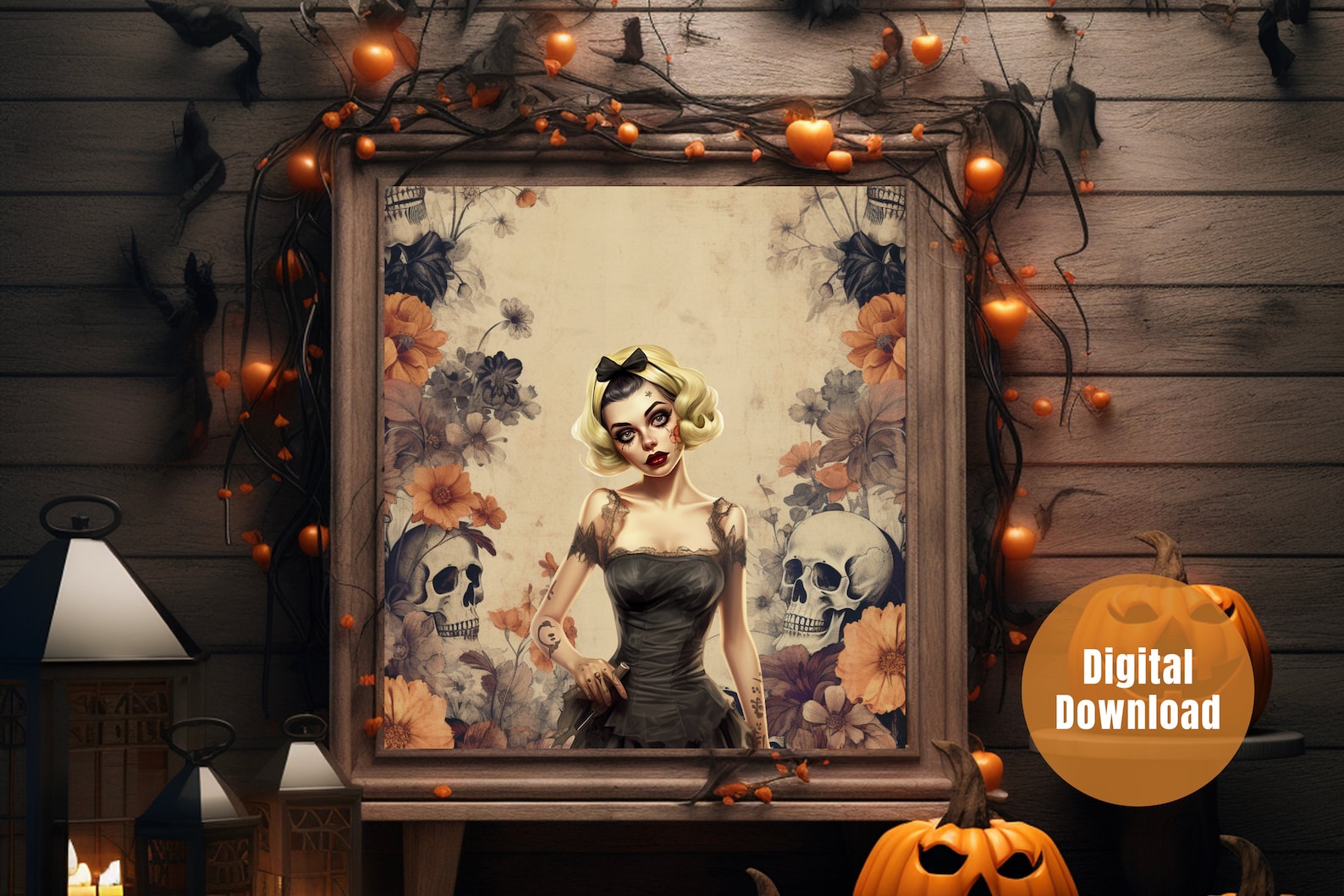 Vintage Pin up Halloween Skull Gothic Poster | Perfect Gift for ...