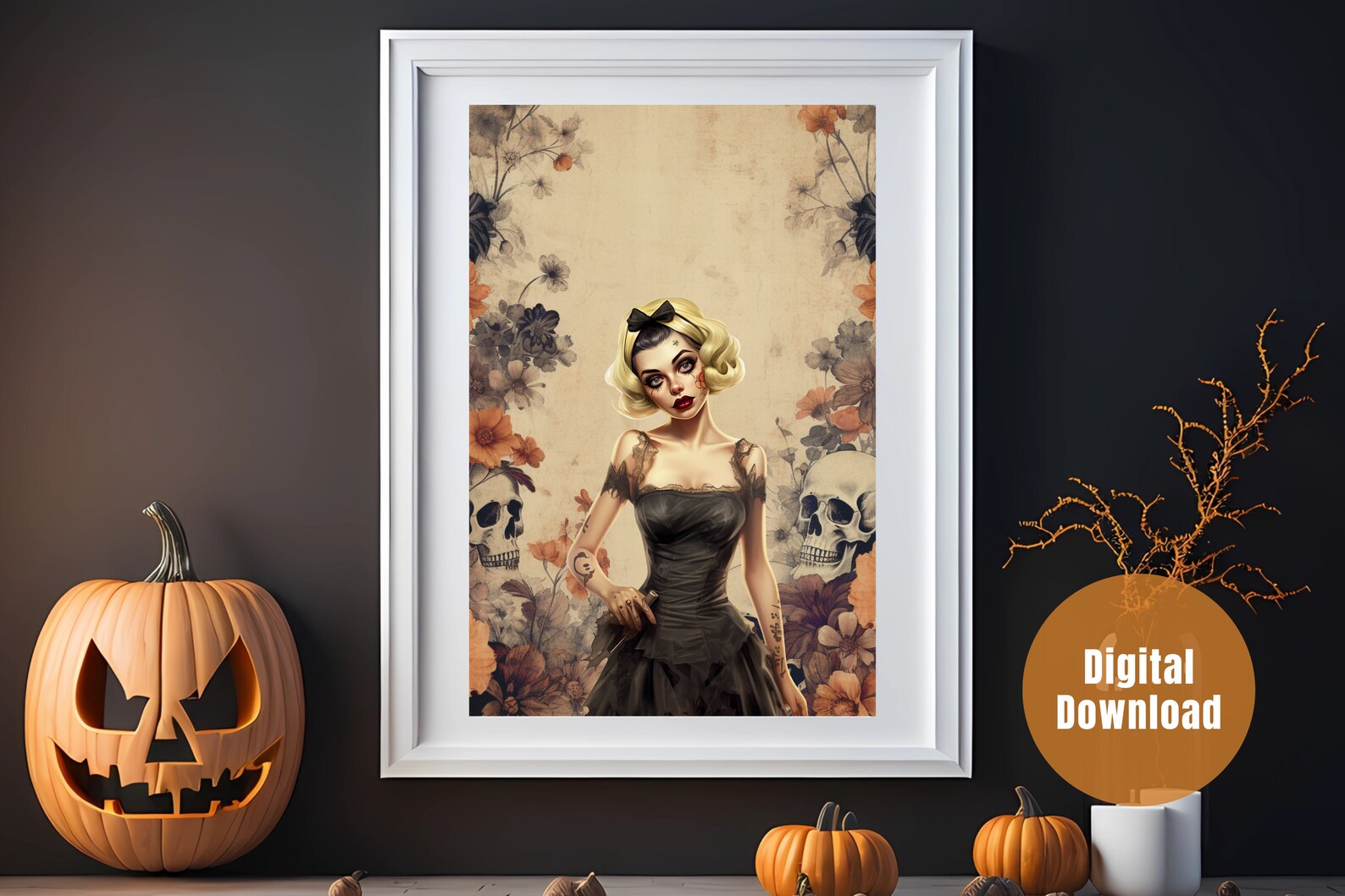 Vintage Pin up Halloween Skull Gothic Poster | Perfect Gift for ...