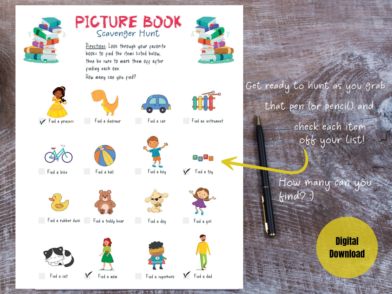 32 Item Picture Book Scavenger Hunt Printable Game for Kids | Story ...
