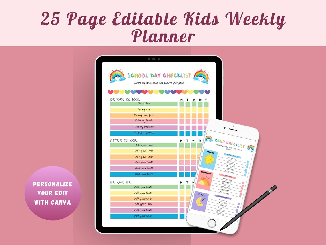 Editable Weekly Planner for Kids Daily Planner and Behavior - Etsy