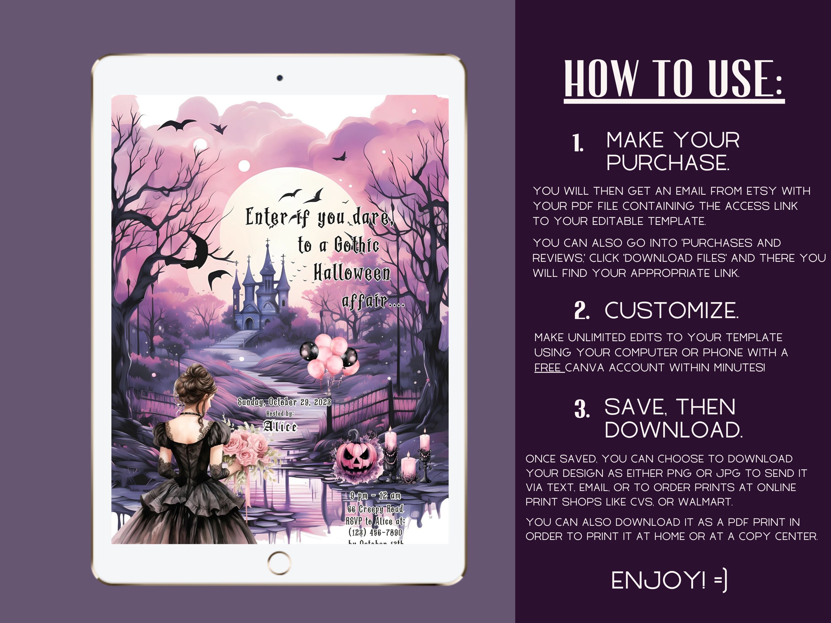 Editable Gothic Halloween Invitation | Printable Personalized Gothic ...