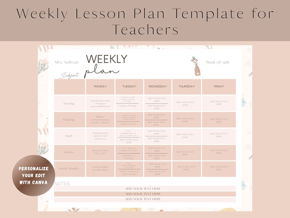 Editable Weekly Lesson Plan Template for Teachers Daily Planner Instant ...