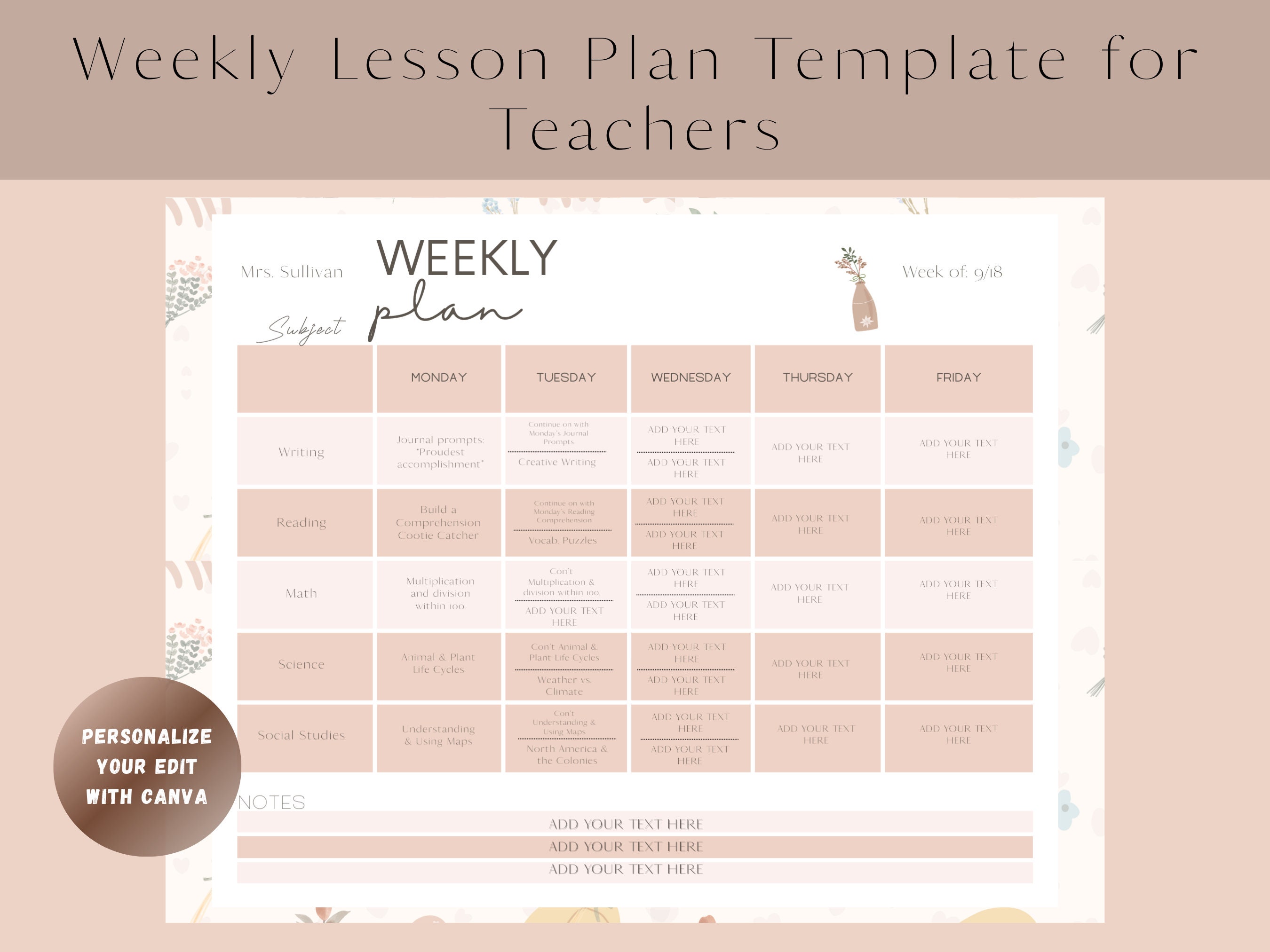 Editable Weekly Lesson Plan Template for Teachers Daily Planner Instant ...