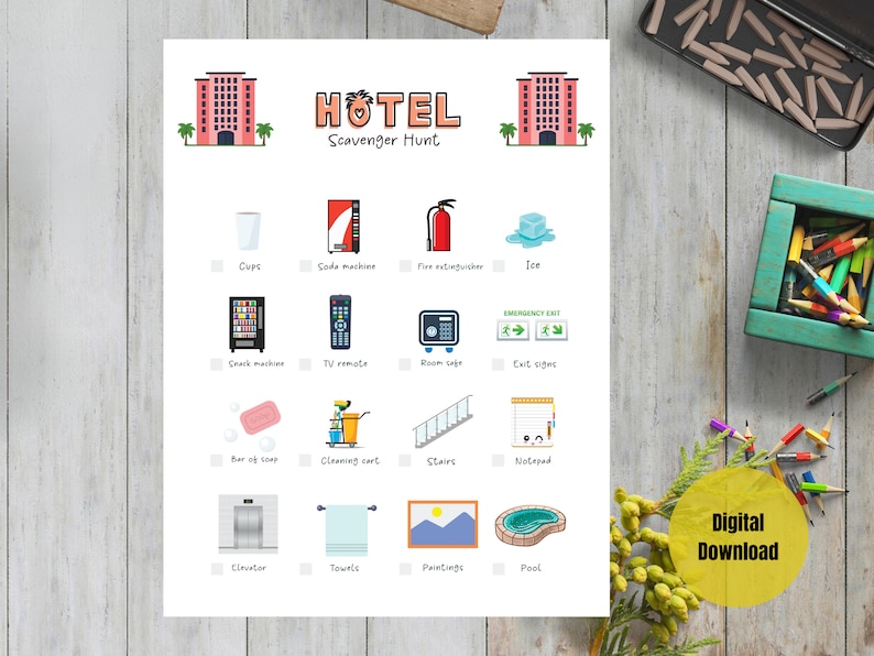 Hotel Scavenger Hunt Printable Game for Kids | Travel Treasure Hunt ...