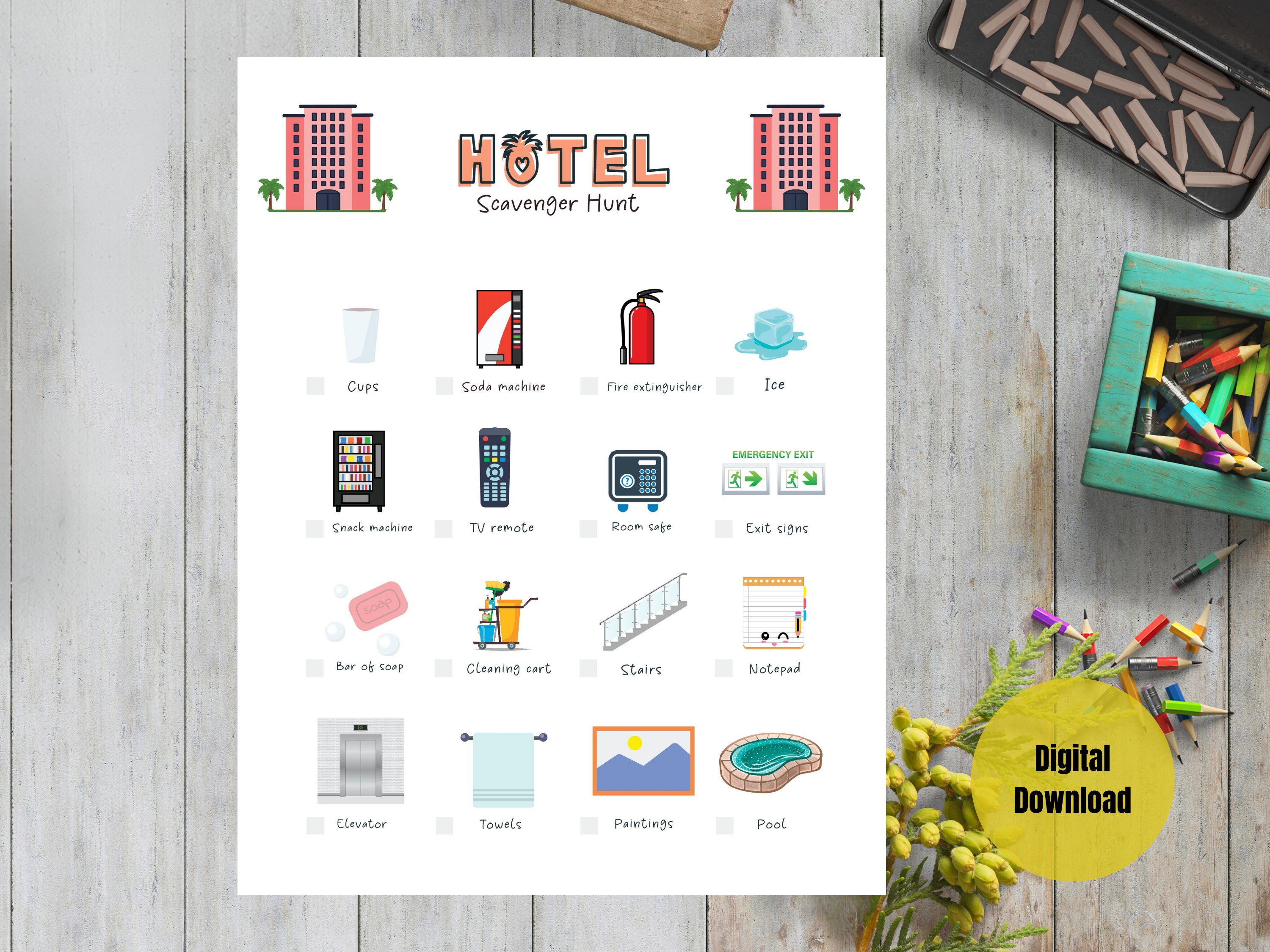 Hotel Scavenger Hunt Printable Game for Kids | Travel Treasure Hunt ...