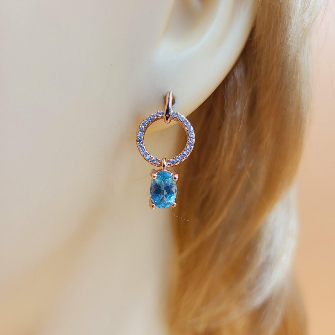 Handcrafted Neon Blue Apatite Earrings, Rose Gold Sterling Silver, CZ ...
