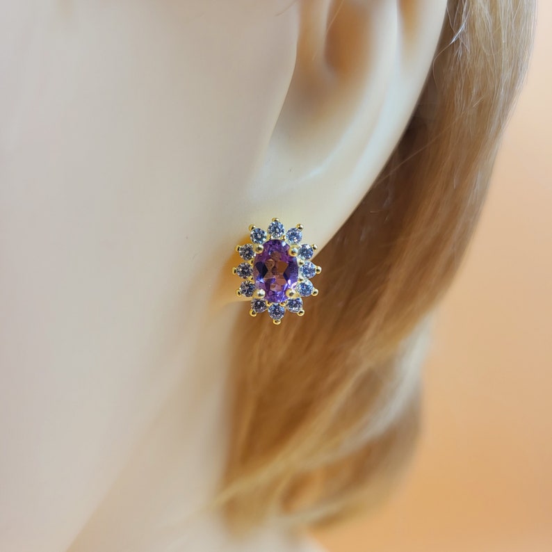 Amethyst Stud Earrings, Gold Plated Sterling Silver, Cubic Zirconia - Etsy