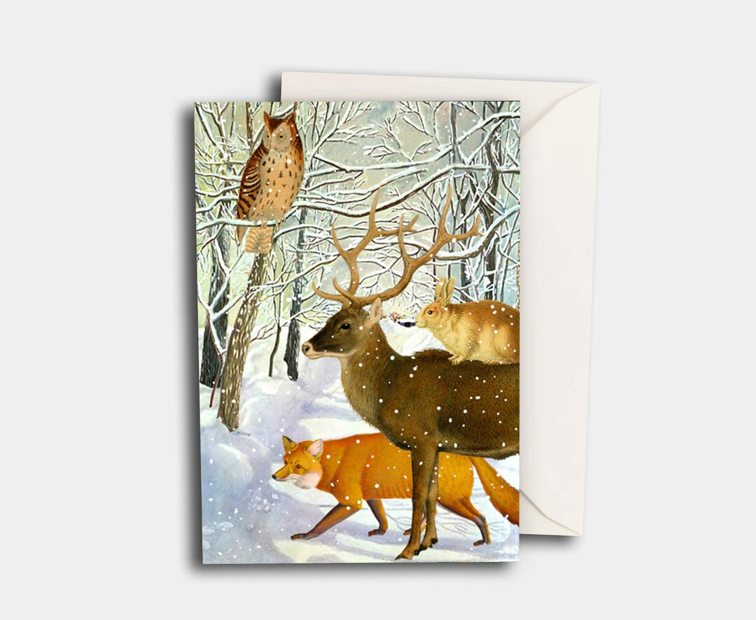 Vintage Christmas Card Forest Animals in the Snow - Etsy