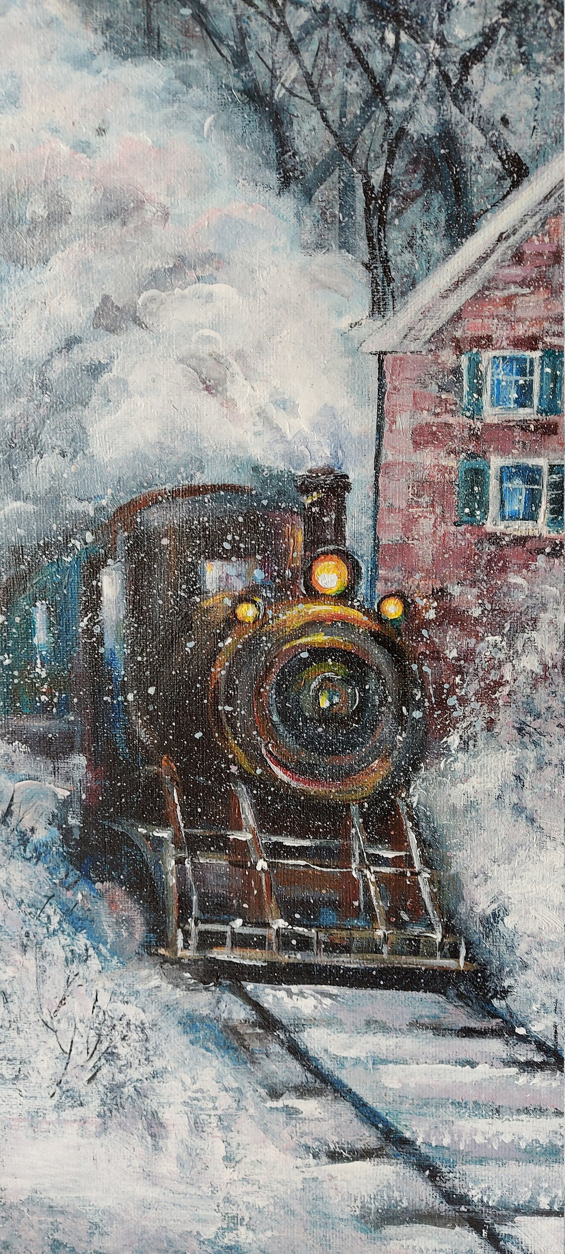 Train Painting Original acrylic handmade wall Art winter | Etsy