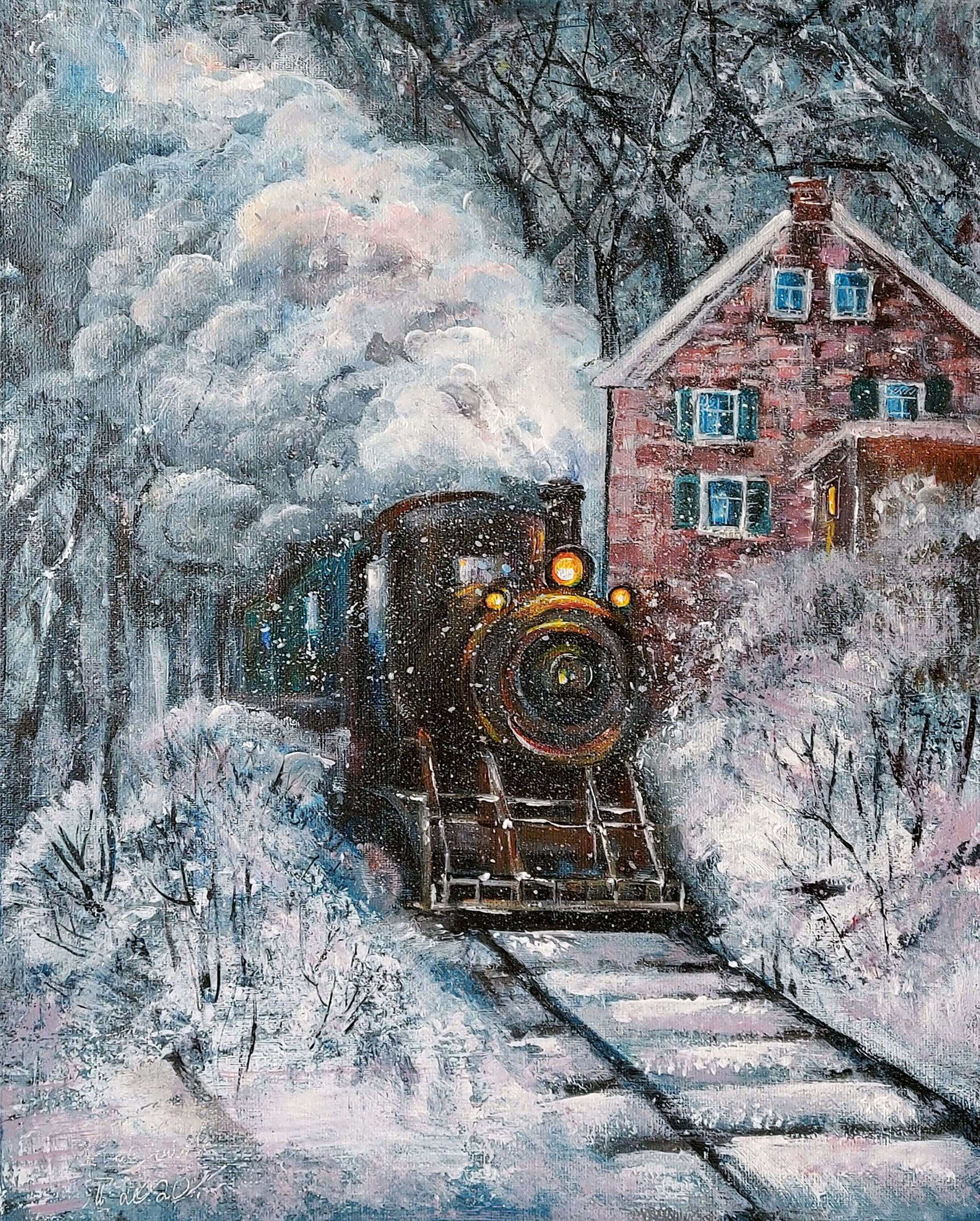 Train Painting Original acrylic handmade wall Art winter | Etsy