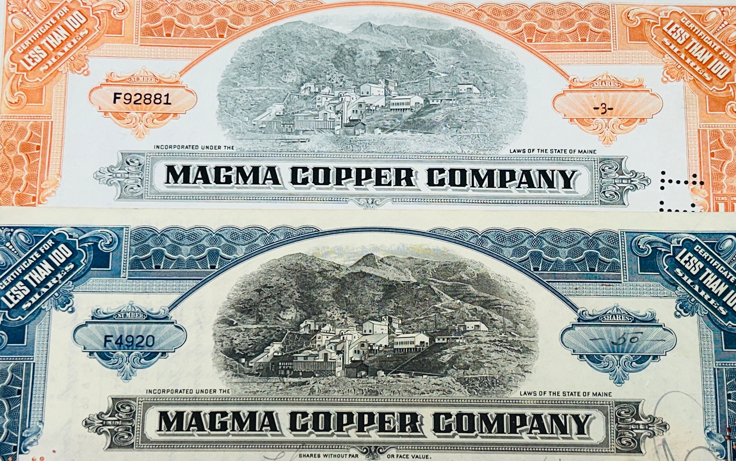 Set of 2 Magma Copper Company Authentic Mining Stock Certificates ...