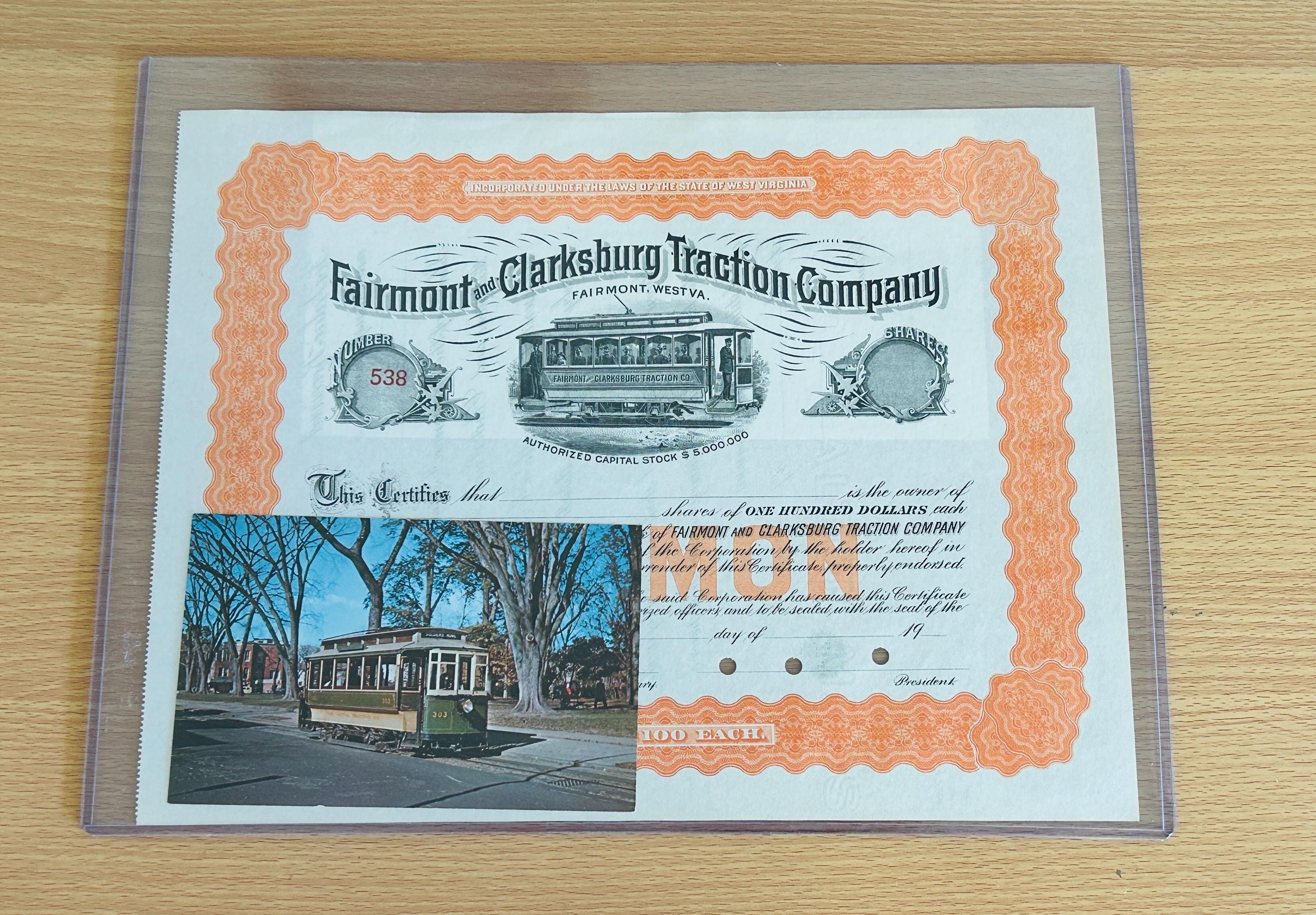 Fairmont & Clarksburg Traction Company, Authentic Stock Certificate ...