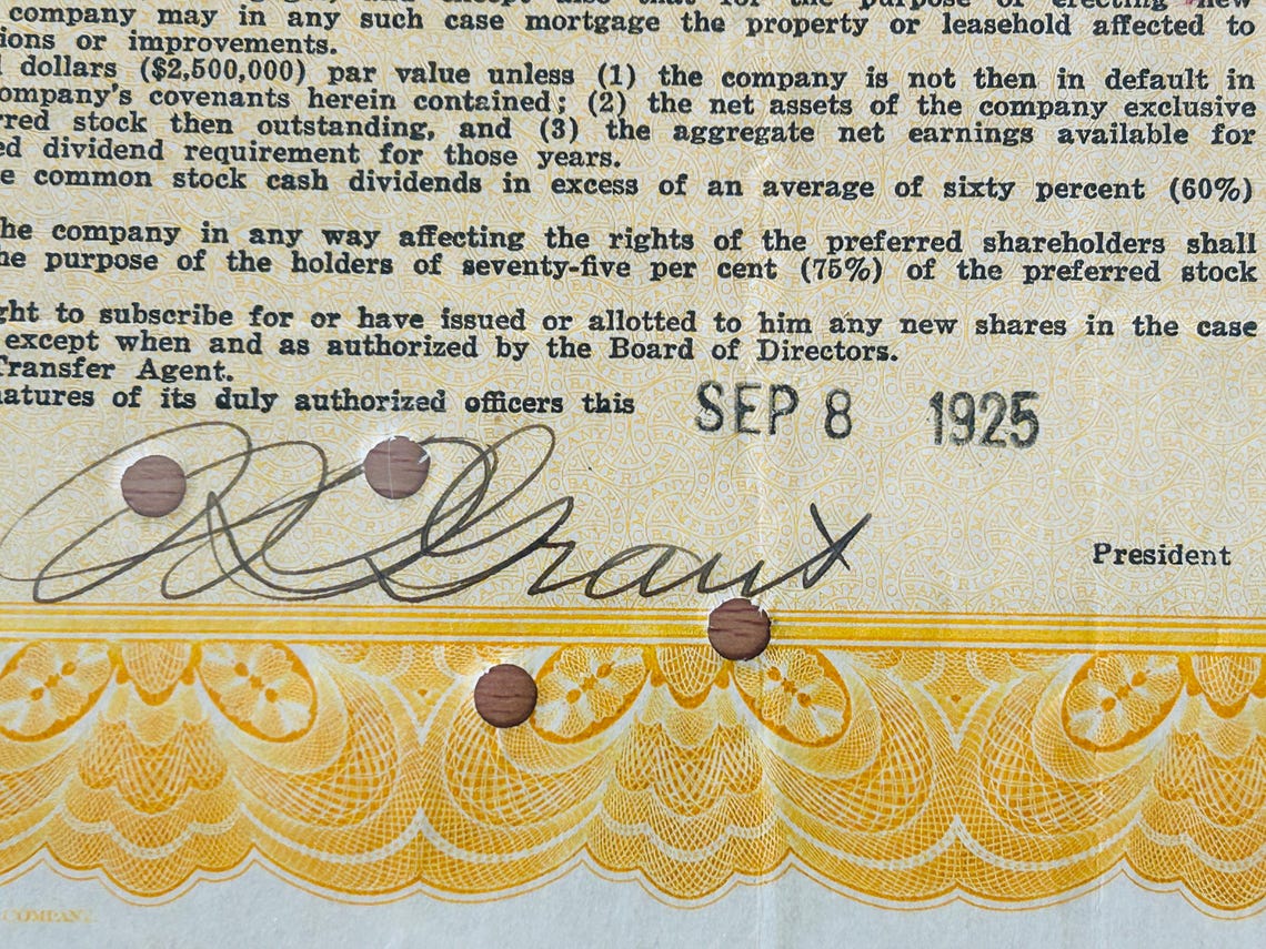 Founder of Grants Department Stores, Authentic Stock Certificate, Hand ...