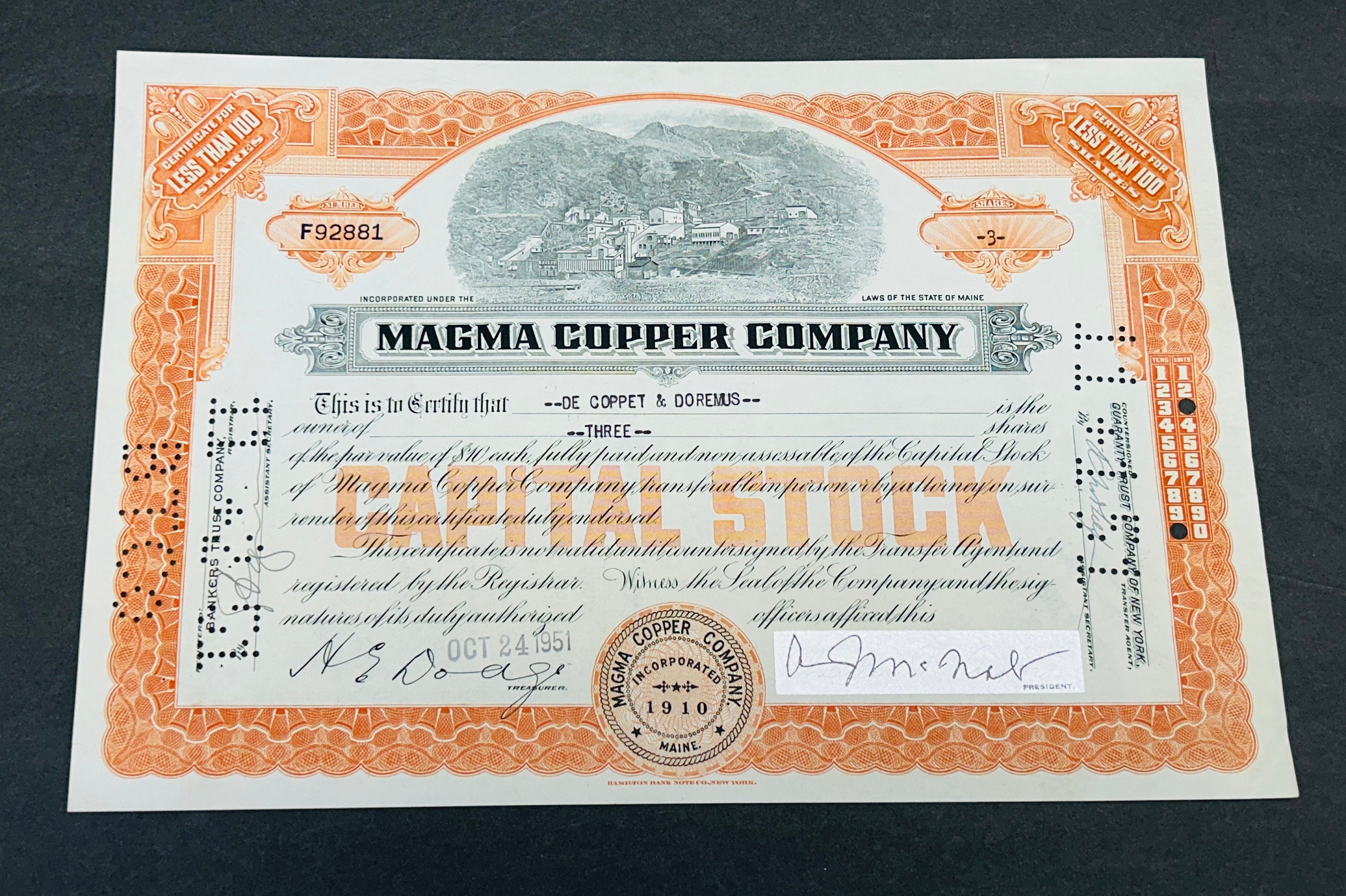 Set of 2 Magma Copper Company Authentic Mining Stock Certificates ...