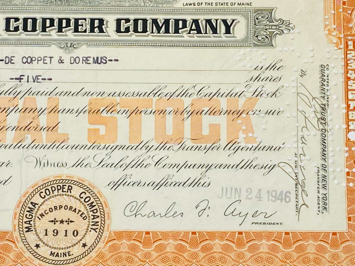 Set of 2 Magma Copper Company Authentic Stock Certificates - Etsy