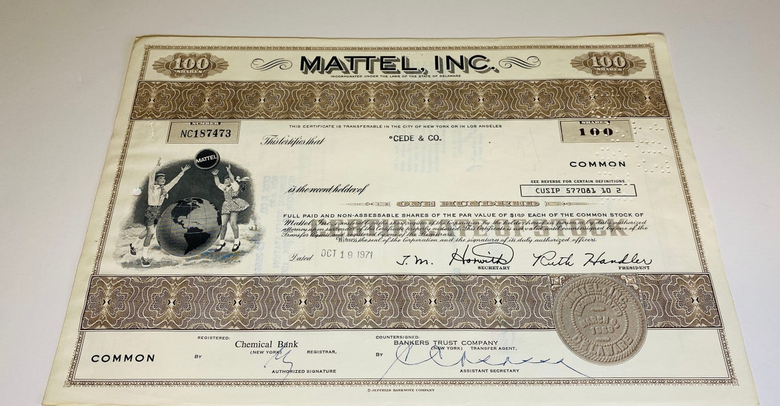 Mattel Inc. Authentic Stock Certificate 1971 Famous Toy | Etsy