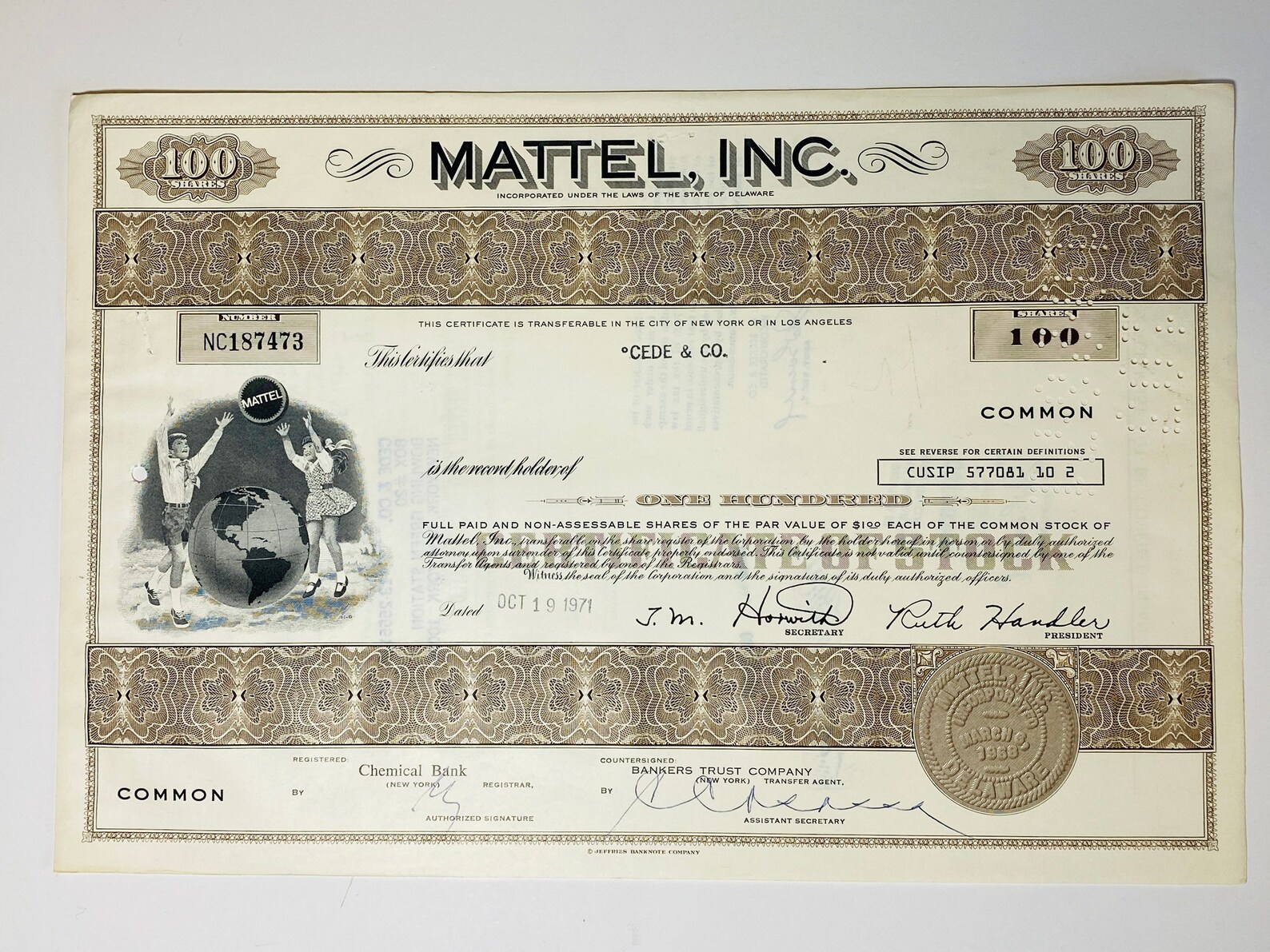 Mattel Inc. Authentic Stock Certificate 1971 Famous Toy | Etsy