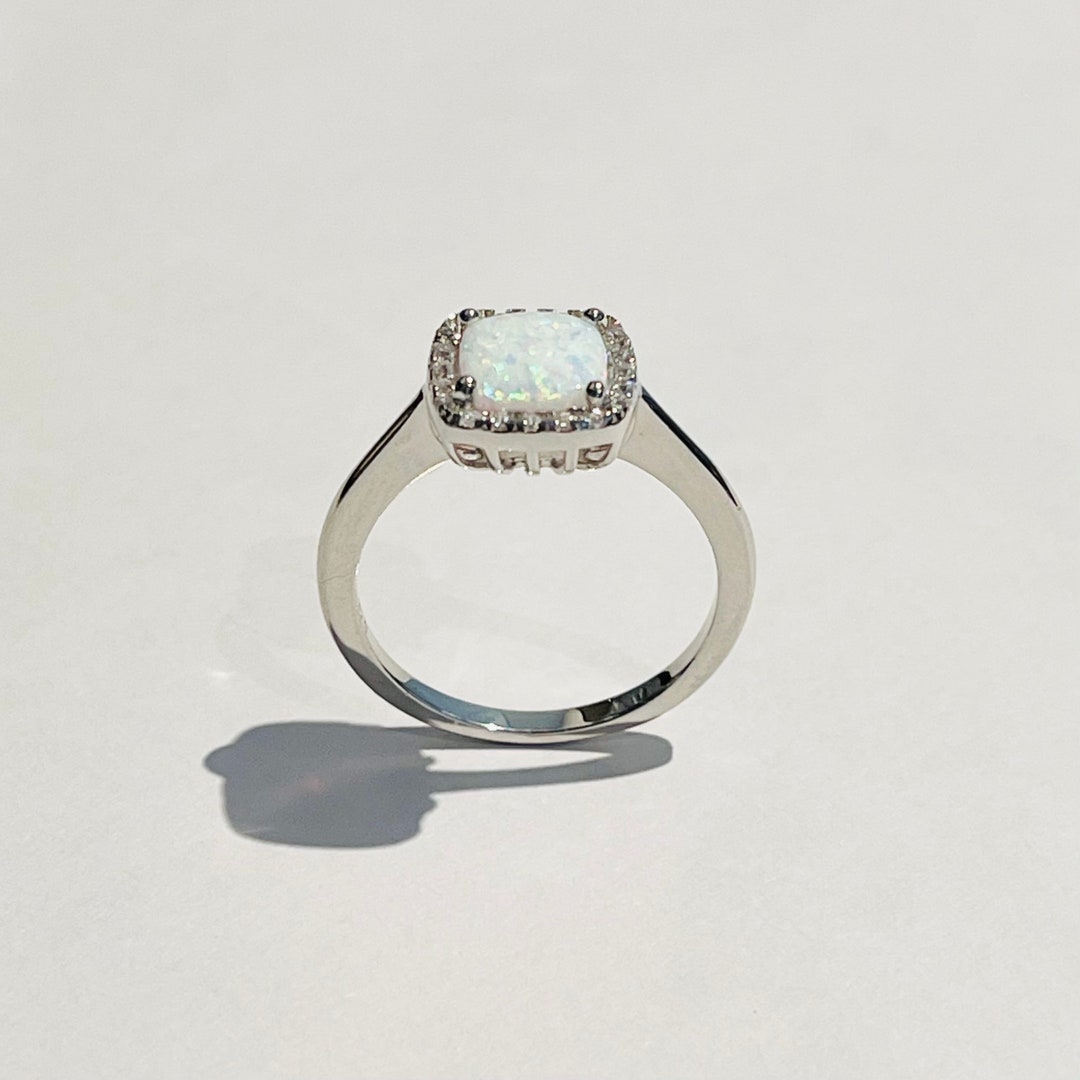 Sterling Silver Square White Lab Opal Ring, Silver Ring, Opal Ring ...