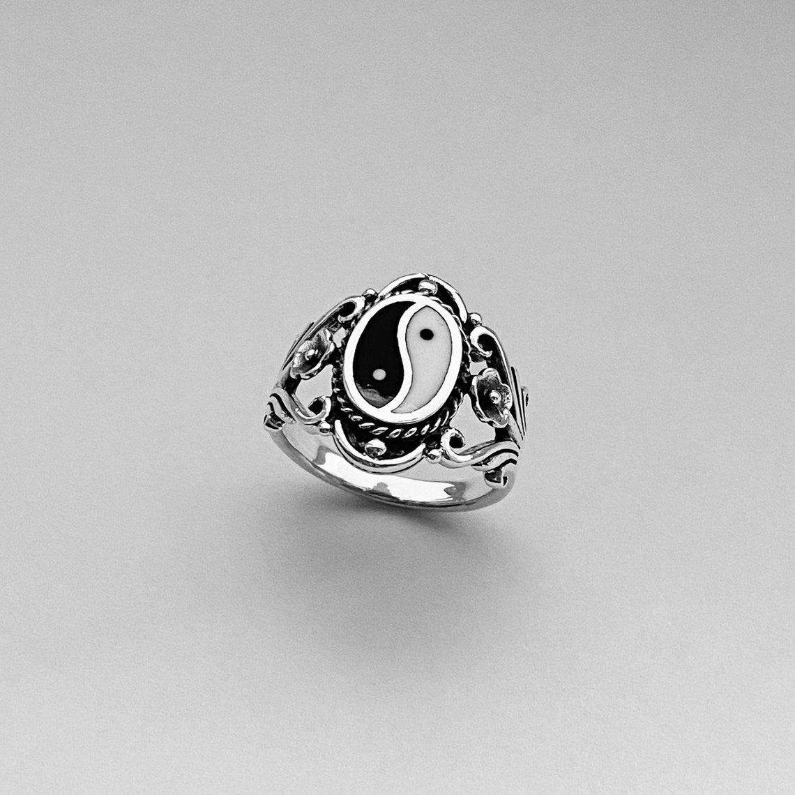 Sterling Silver Oval Yin and Yang Ring with Flowers Silver | Etsy