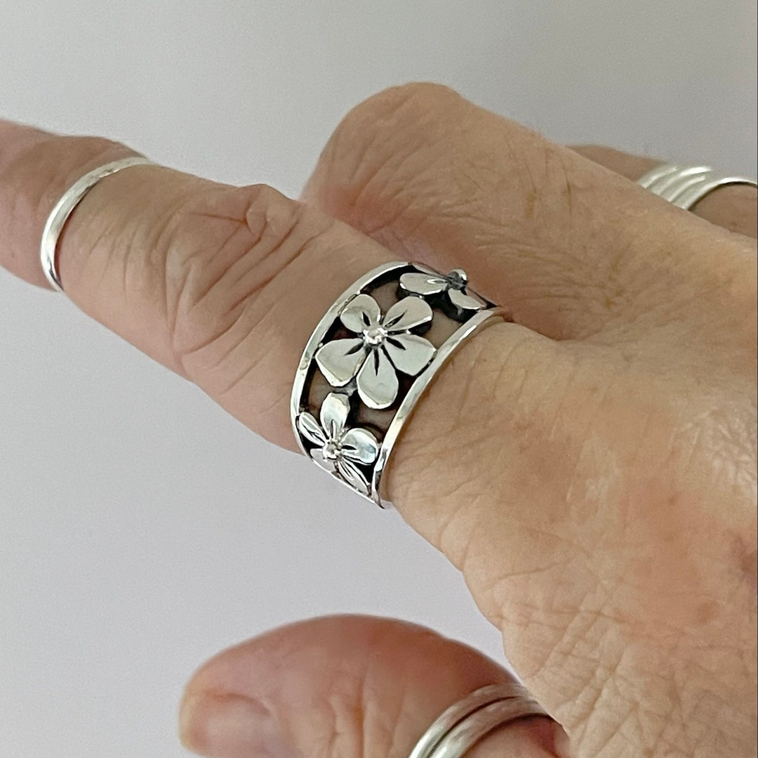 Sterling Silver Triple Flower Band Ring, Plumeria Ring, Silver Ring ...