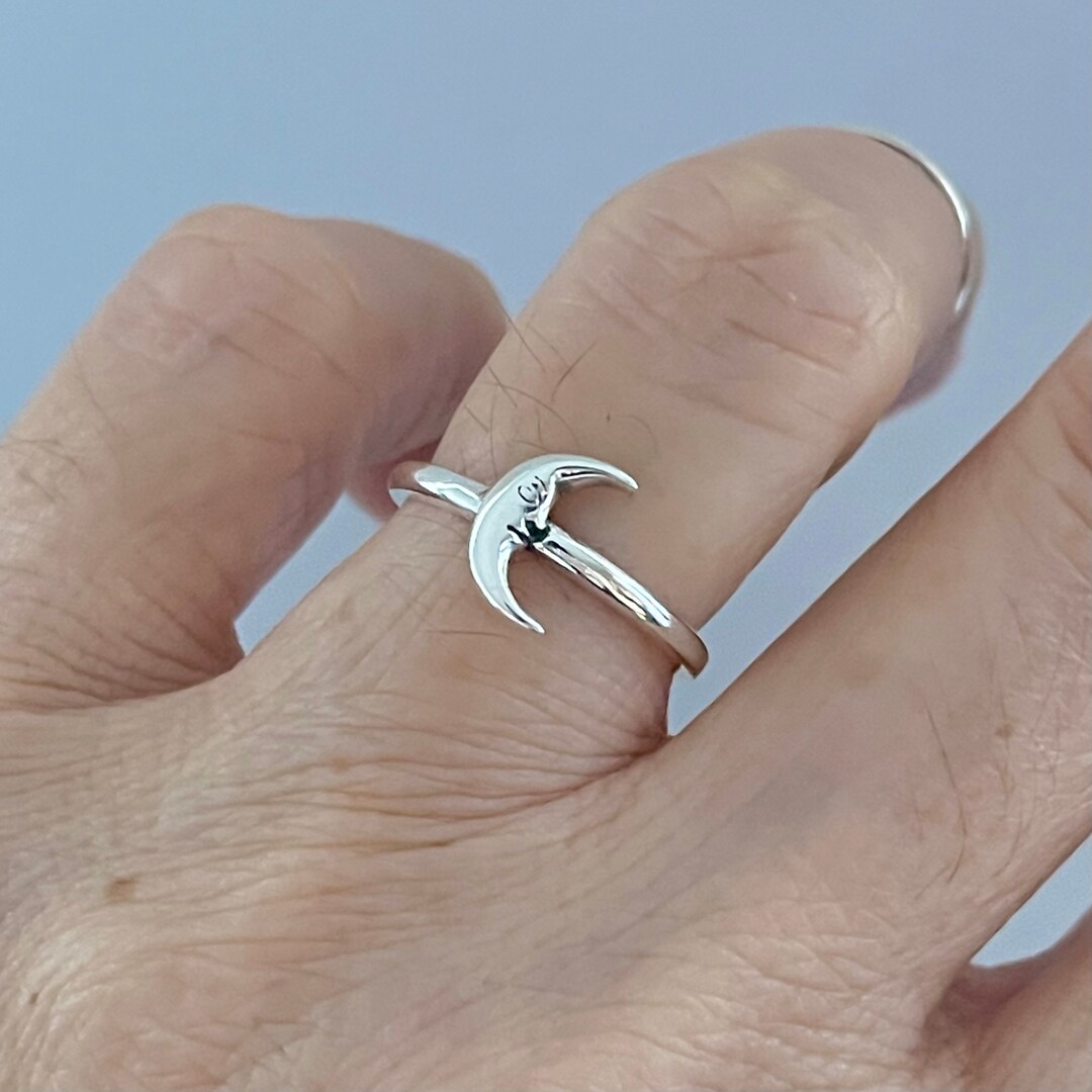 Sterling Silver Small Crescent Moon Face Ring, Dainty Ring, Silver Ring ...
