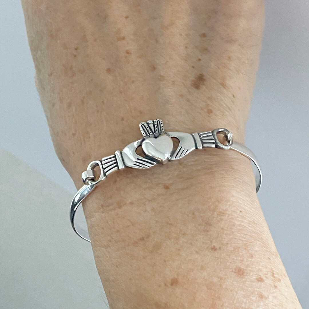 Sterling Silver Irish Claddagh Bangle, Silver Bracelet, Boho Bracelet ...