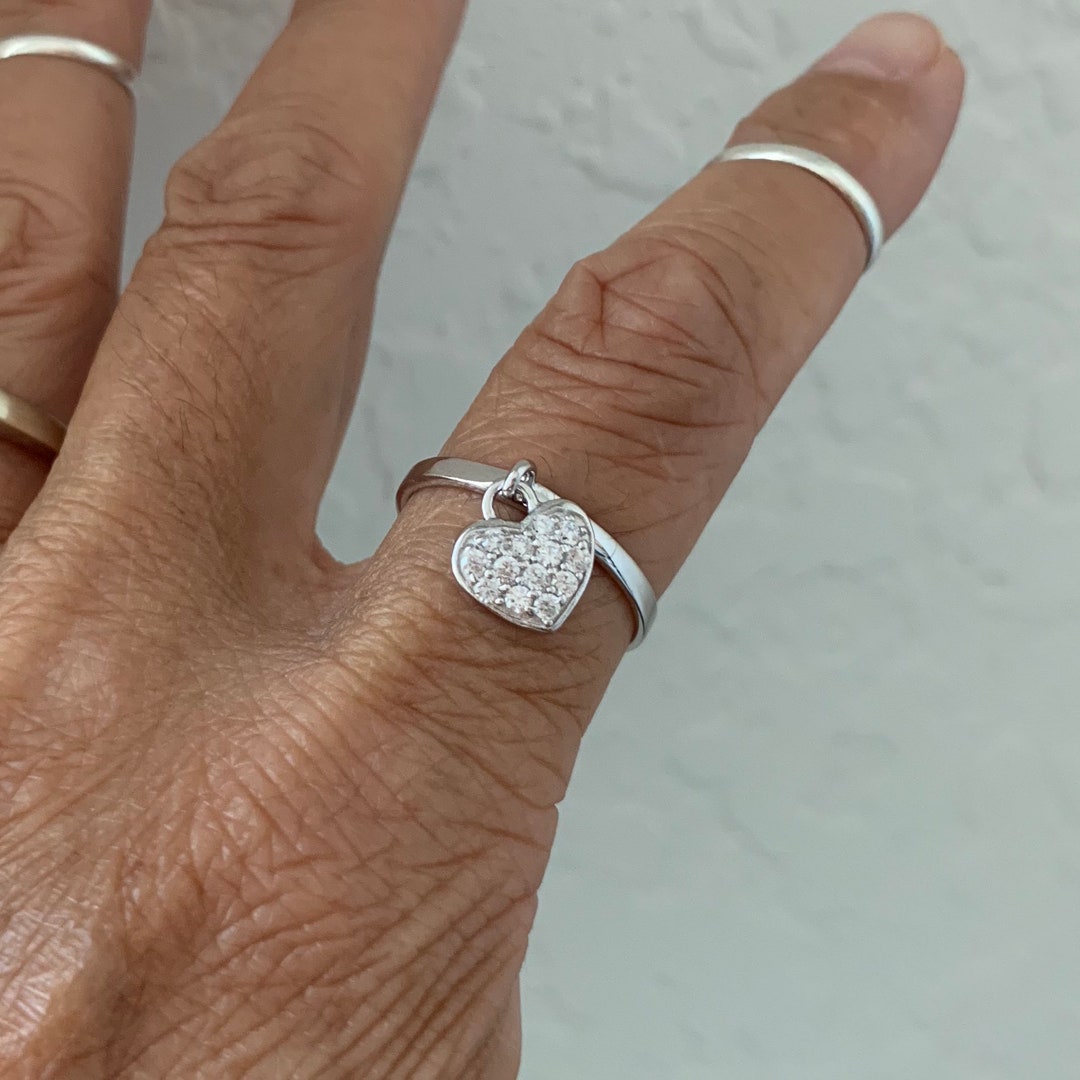 Sterling Silver Dangling CZ Heart Ring, Silver Ring, CZ Ring, Heart ...