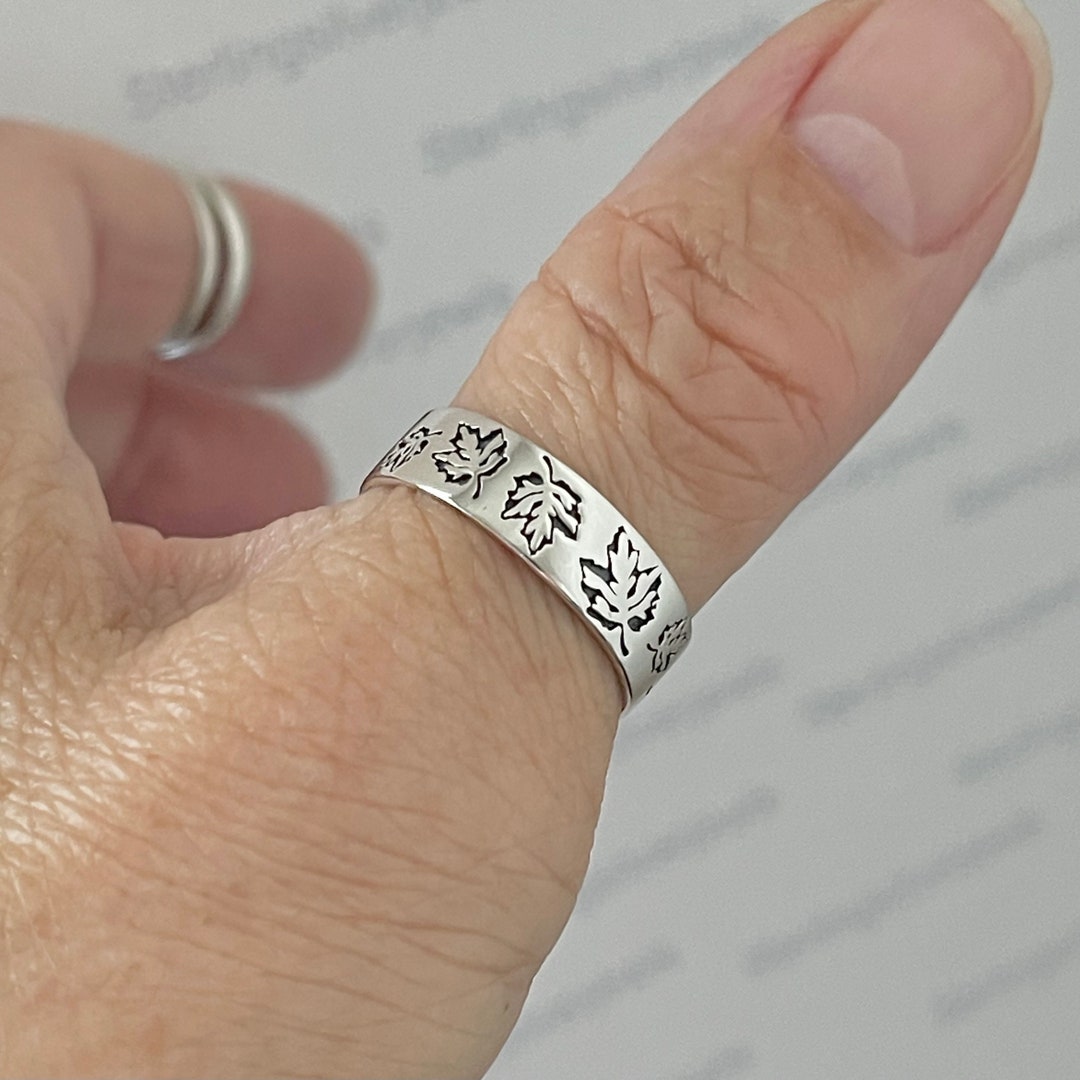 Sterling Silver Eternity Pressed Maple Leaf Band, Tree Ring, Silver ...