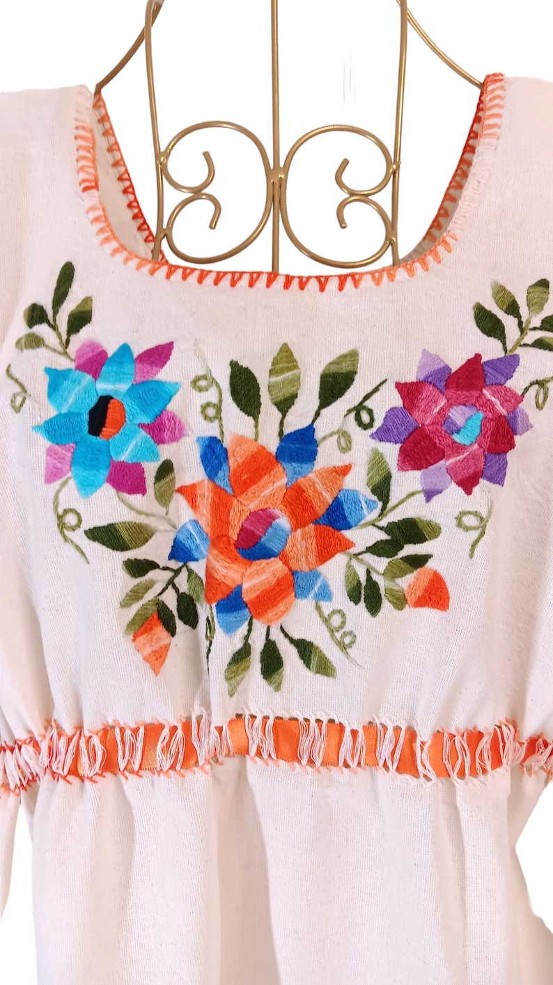 Hand Embroidered Blouse Huipil Orange Ribbon - Etsy