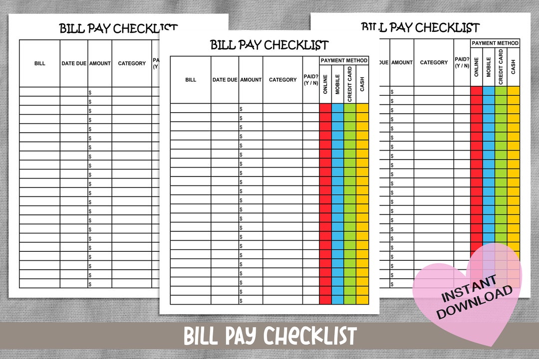 Printable Bill Pay Checklist – Vertical A4 Printable Track You Bill ...