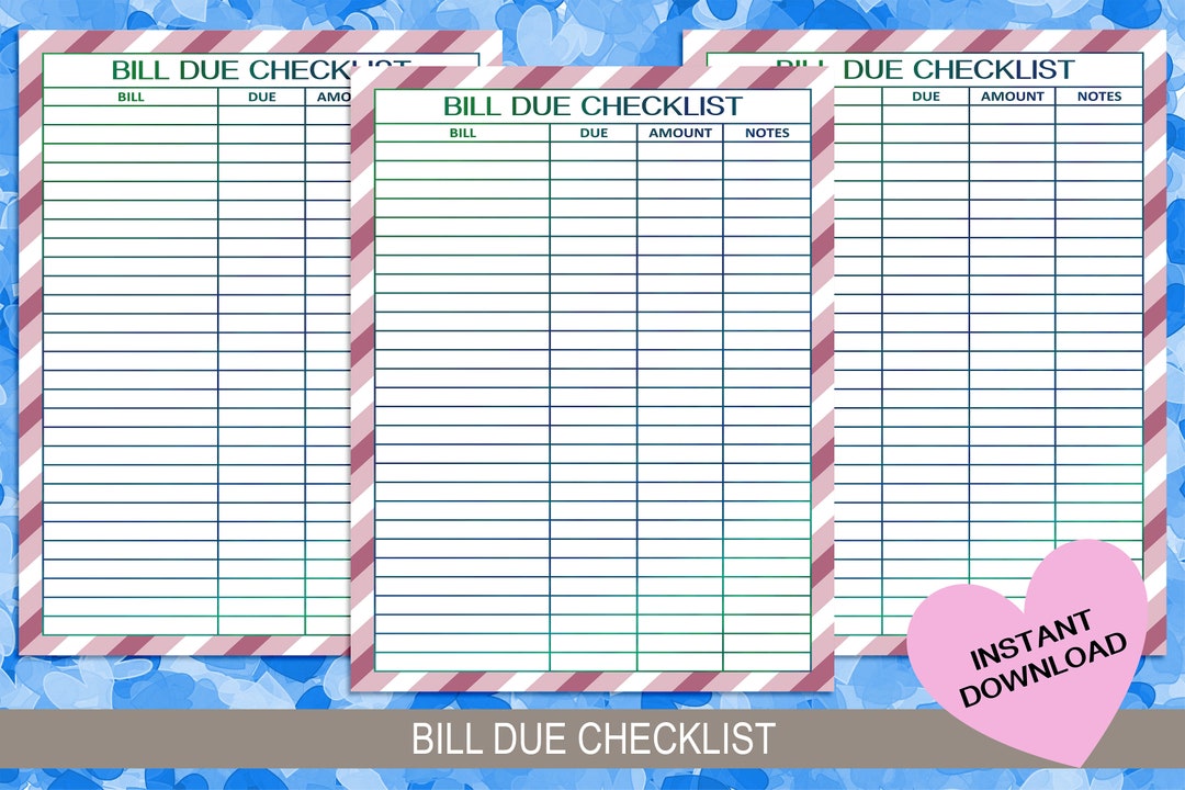 Bill Due Checklist, Checklist, Digital Download, Downloadable Prints ...