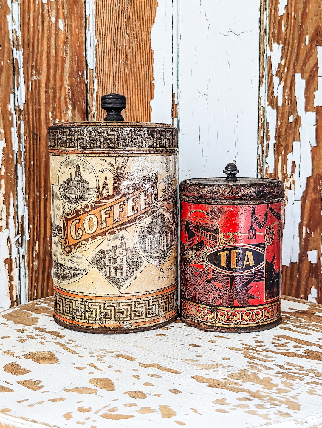 1890s Vintage Tins Set - Vintage Coffee Tin - Vintage Tea Tin - Vintage ...