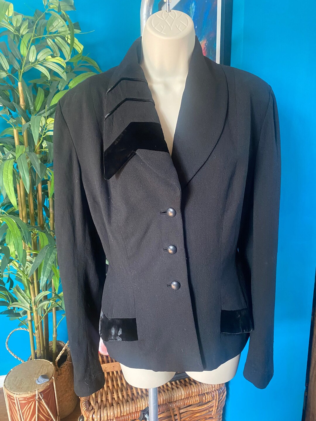 Vintage 1940s Lilli Ann Jacket Black Wool Crepe Velvet Chevron ...