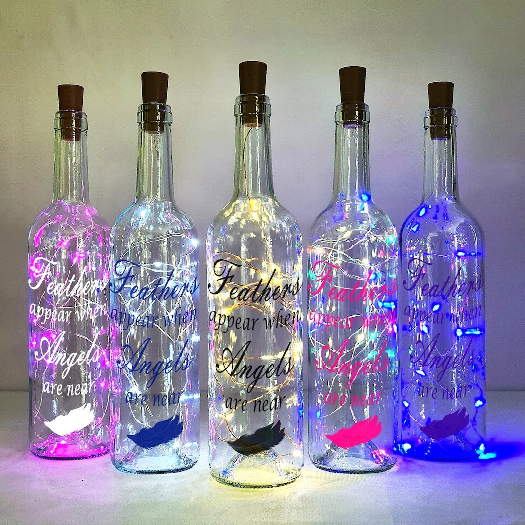 Feathers Appear When Angels Are Near, Memorial Light up Wine Bottle ...
