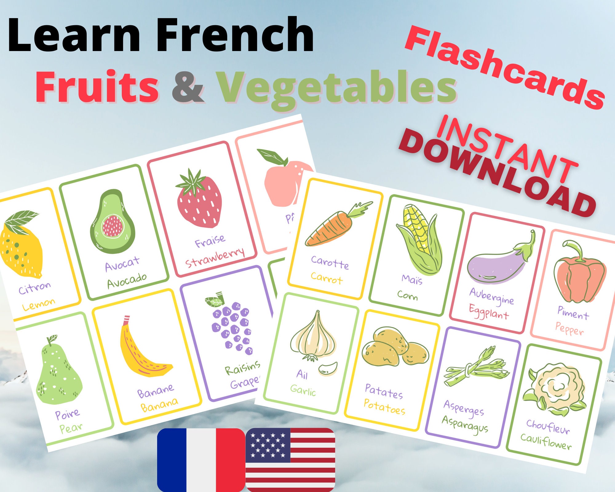 Fruits/veggies FRENCH English Bilingual Cards 16 French - Etsy