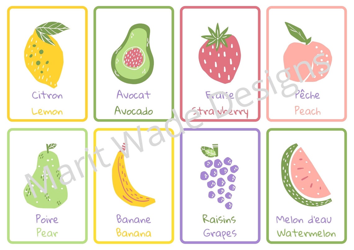 Fruits/veggies FRENCH English Bilingual Cards 16 French - Etsy