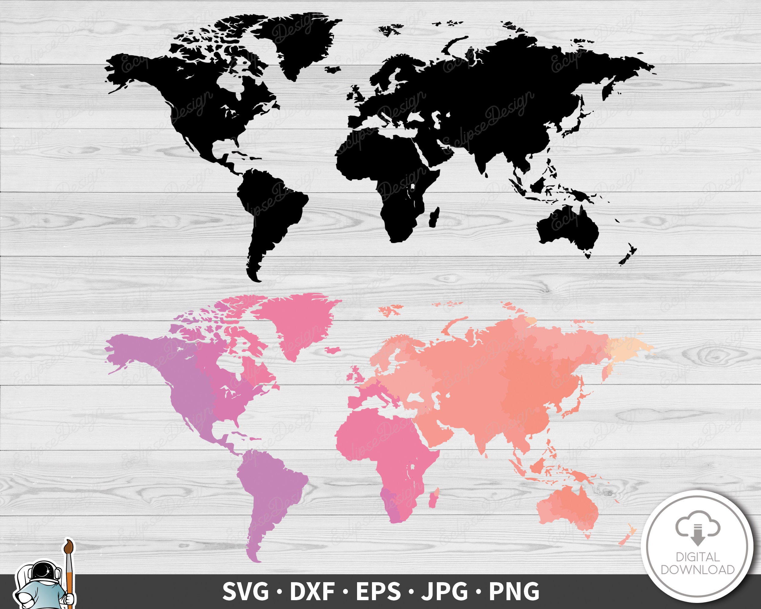World Map Continents SVG Clipart PNG (instant Digital Download) - Etsy