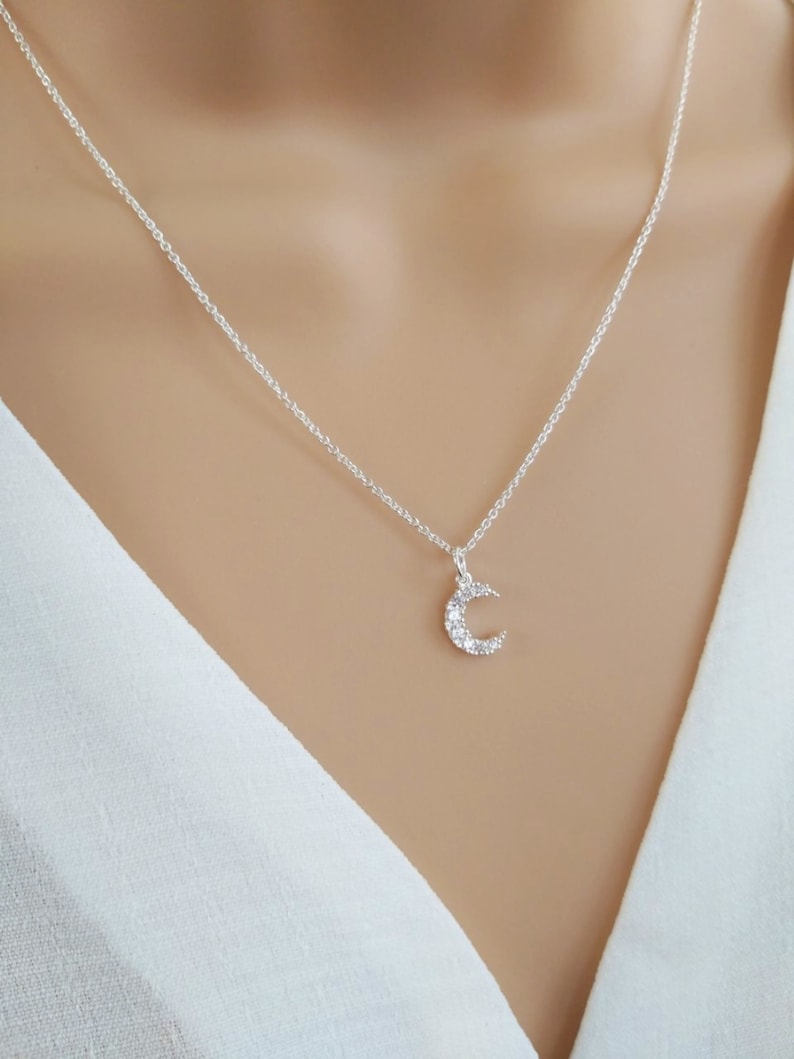 Half Moon Necklace, Sterling Silver Crescent Moon Necklace, Celestial ...
