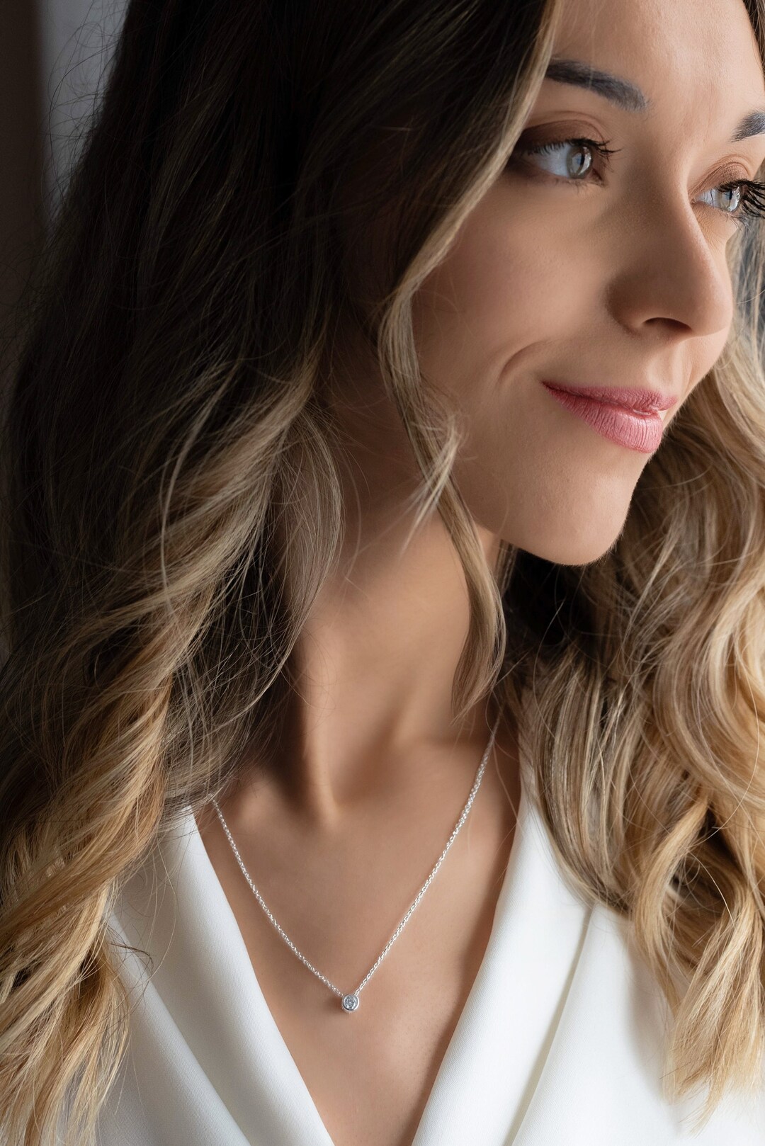 Tiny Cz Diamond Necklace, Floating Diamond Solitaire Crystal Necklace ...