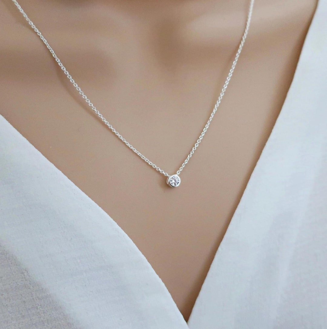 Tiny Cz Diamond Necklace, Floating Diamond Solitaire Crystal Necklace ...