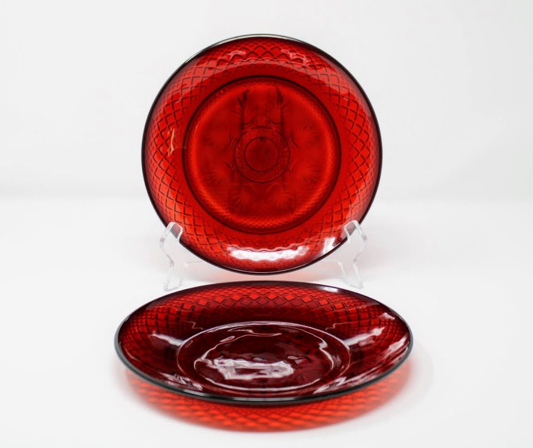 Ruby Red Pressed Glass Plates 2 Vintage Cristal | Etsy