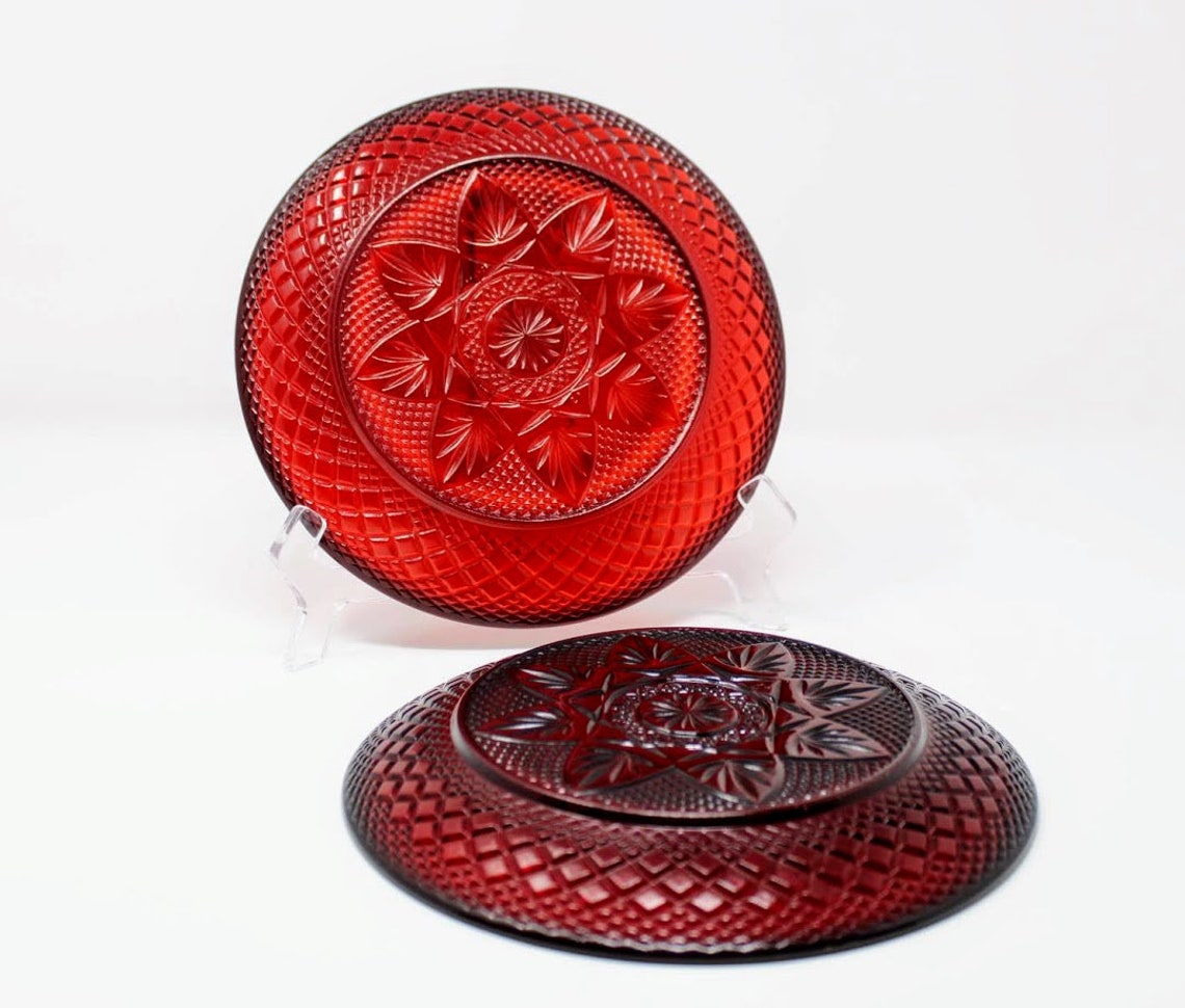 Ruby Red Pressed Glass Plates 2 Vintage Cristal | Etsy