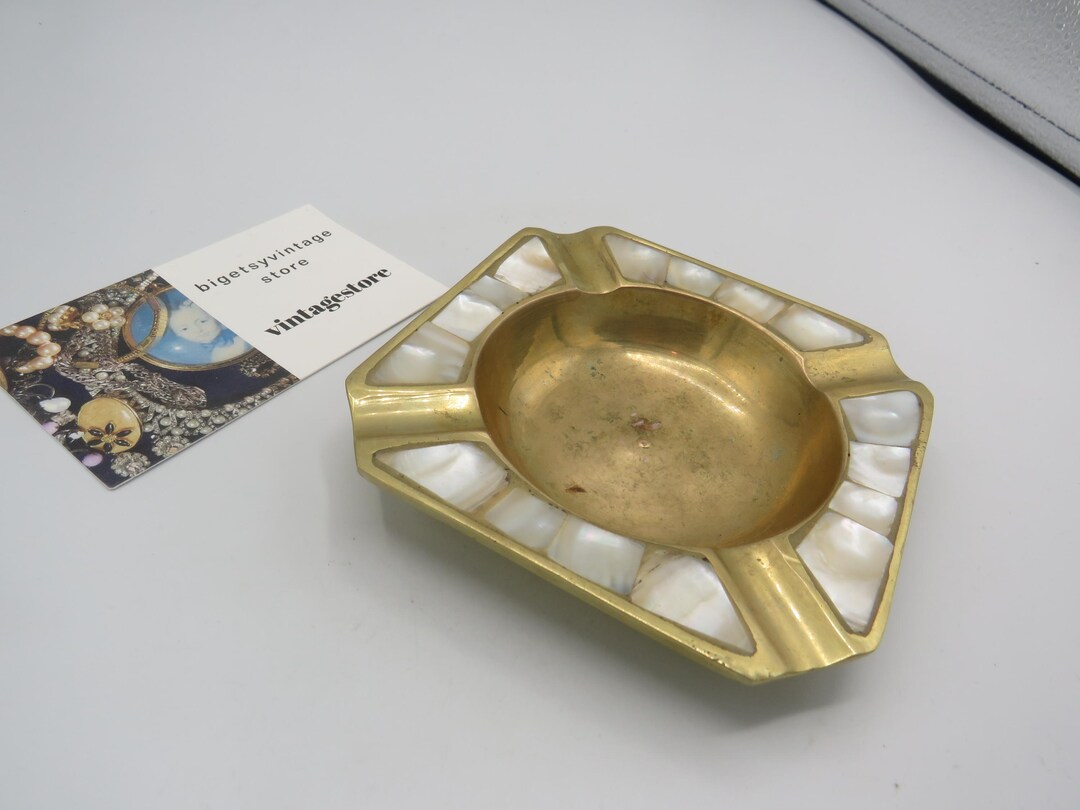 Amazing Vintage Brass Ashtray With Mother of Pearl Inlaid Sides, a ...