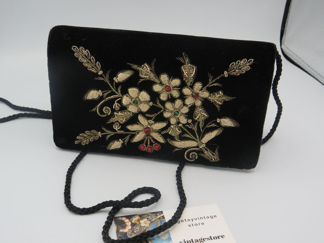 Superb Vintage Black Velvet Hand Bag With Beautiful Embroidery Work ...