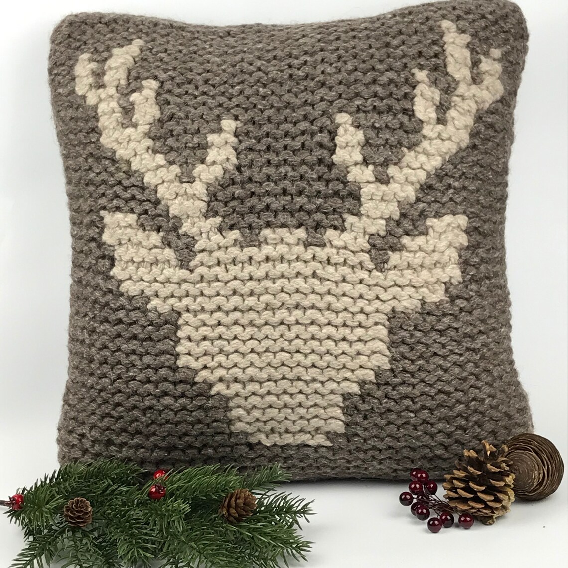 Alpine Deer Head Knit Pillow: Chunky Wool Throw Cushion (18x18") - Etsy