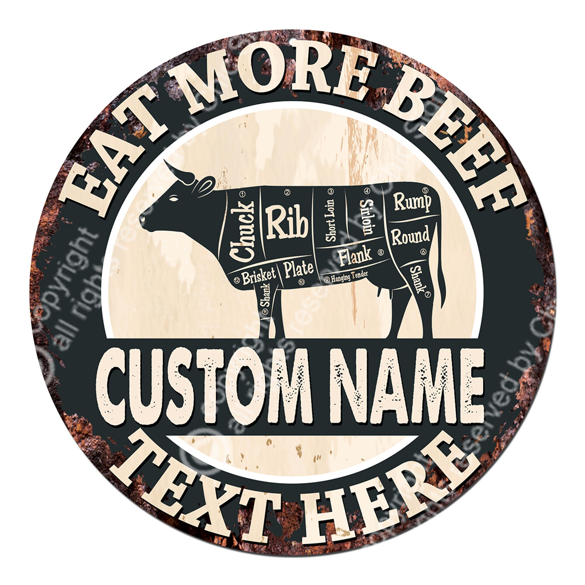 Custom Circle Meat Cuts Metal Sign, Personalized Cow Farm Backyard Home ...