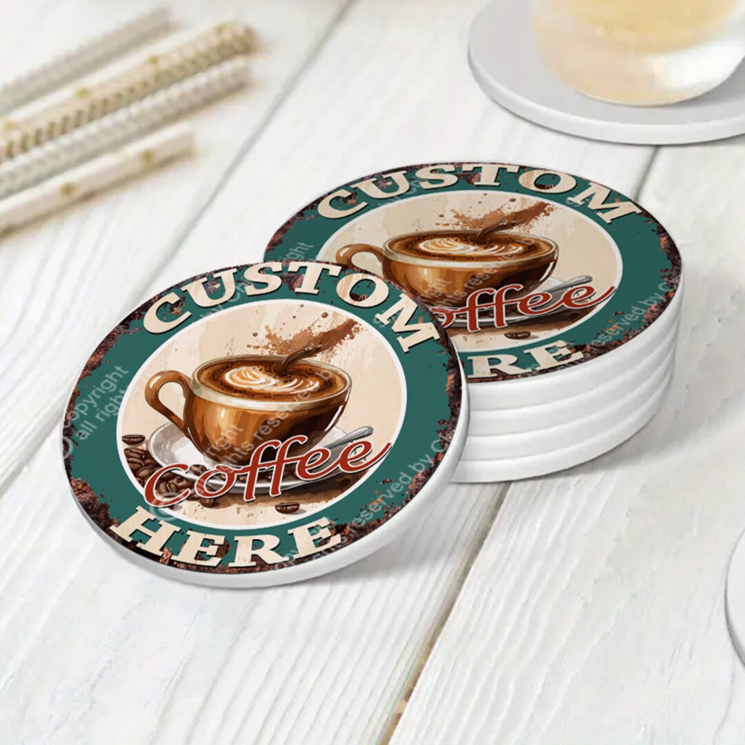 Custom Text Coffee Cup 4 Inch Ceramic Coaster, Cafe Latte Restaurant ...